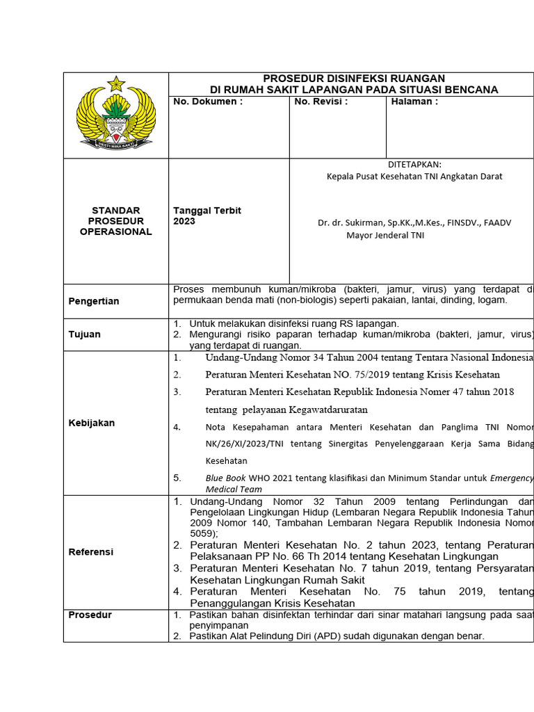SPO Disinfeksi Permukaan Ruangan RS Lapangan | PDF