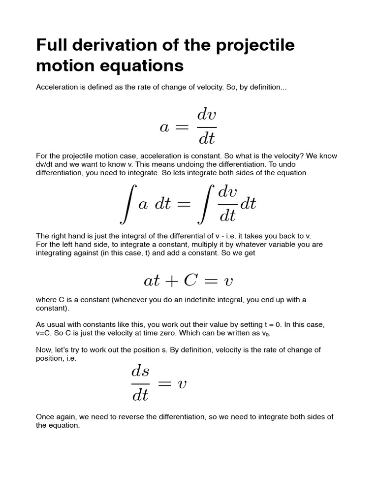 Projectile Motion Longer Derivation | PDF | Derivative | Integral