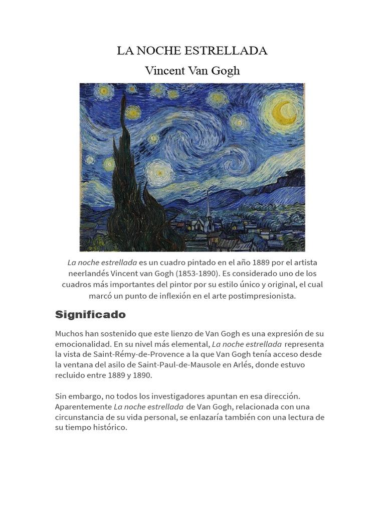 La Noche Estrellada de Van Gogh | PDF | Vincent Van Gogh | Pinturas