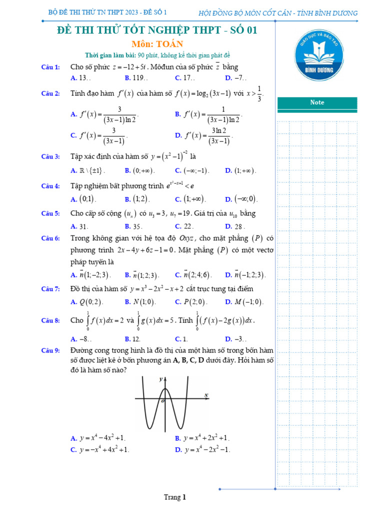 Bo de Thi Thu Tot Nghiep THPT 2023 Mon Toan So GDDT Binh Duong | PDF
