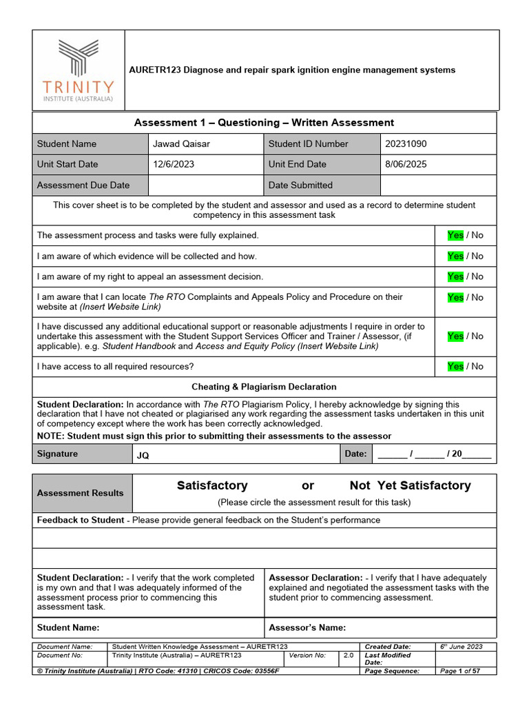 AURETR123 Assessment 1 Written Knowledge Questions V2 | PDF | Fuel ...