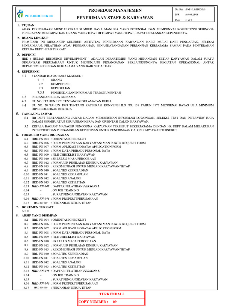 PM-HLS-HRD-II-01 Prosedur Penerimaan Karyawan-Staff (Revisi 08) 2023 | PDF