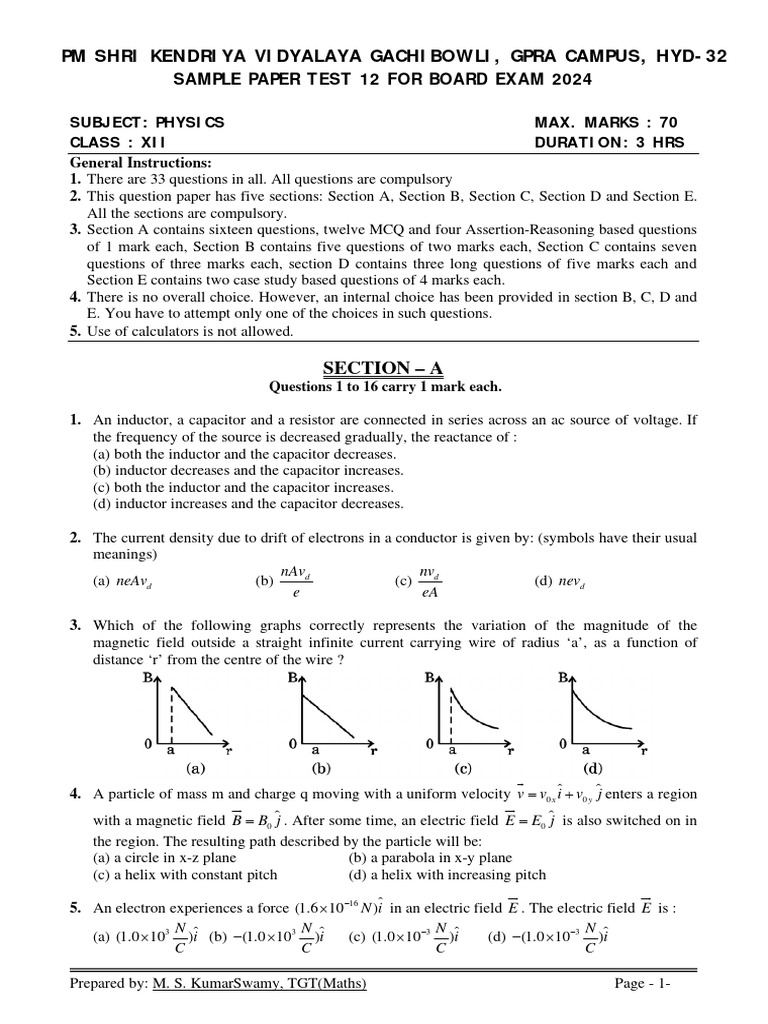 physics-class-xii-sample-paper-test-12-for-board-exam-2024 | PDF ...