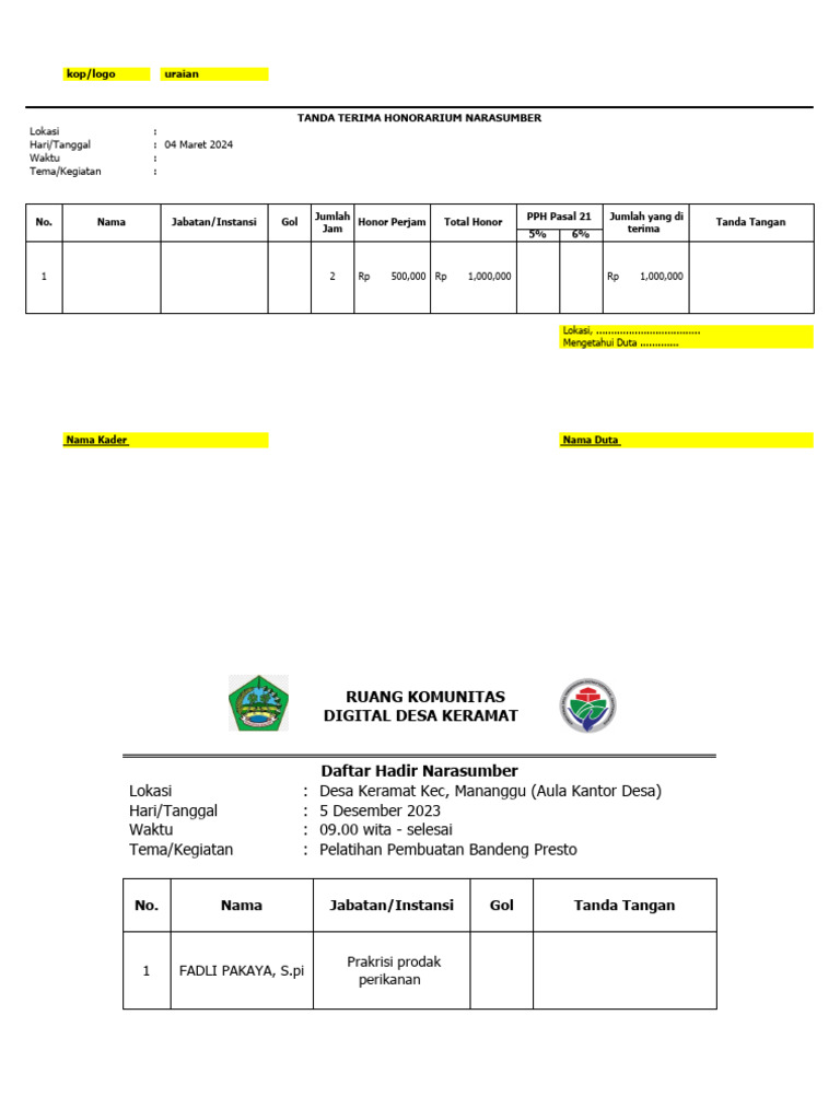 Format Daftar Hadir Dan Tanda Terima Honor Narsum (1) - 1 | PDF