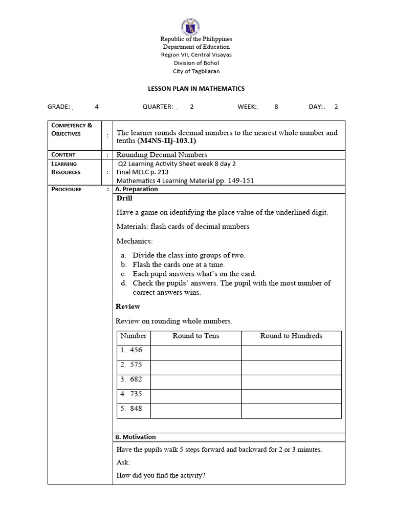 Prototype Lesson Plan in Math 4 q2 Week 8 Day 2 | PDF | Numbers | Behavior Modification