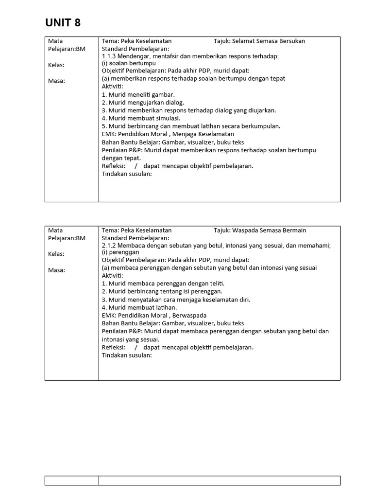 BM Tahun 1 RPH UNIT 8 | PDF | Sains & Matematika