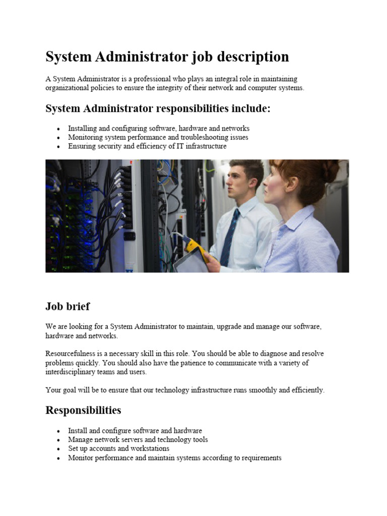 System Administrator Job Description | PDF | System Administrator | Computer Network