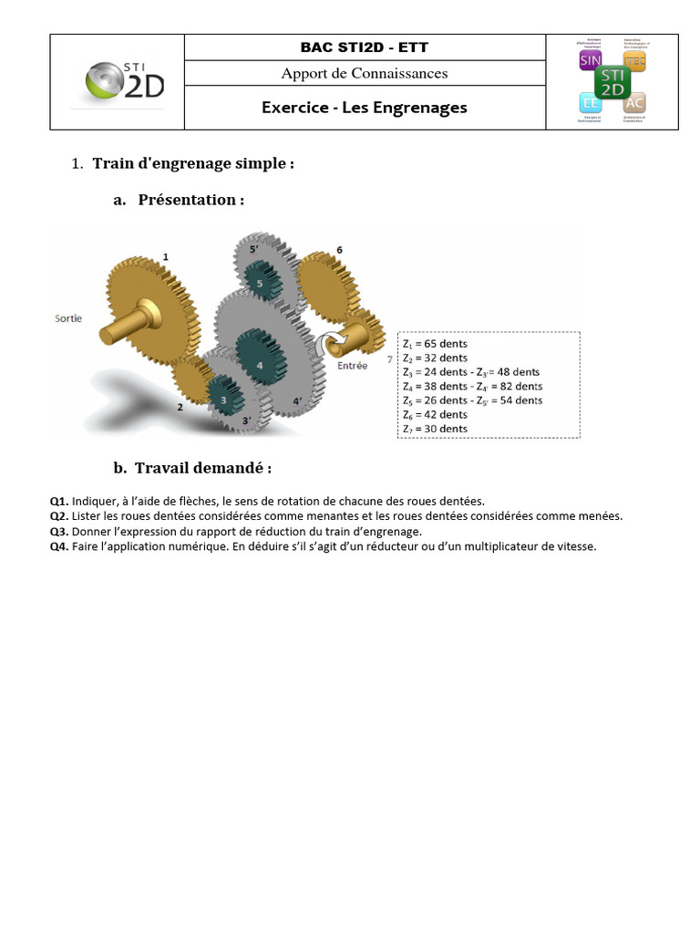 Exercices sur les Engrenages en STI2D | PDF
