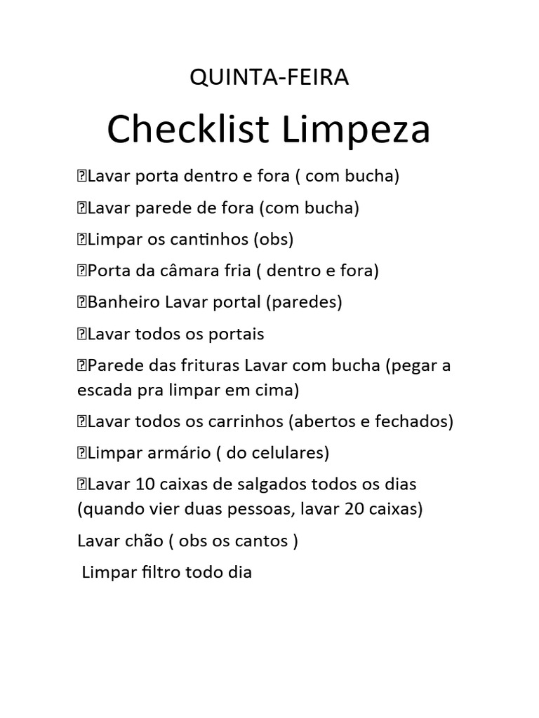 Checklist Limpeza | PDF Checklist Limpeza | PDF