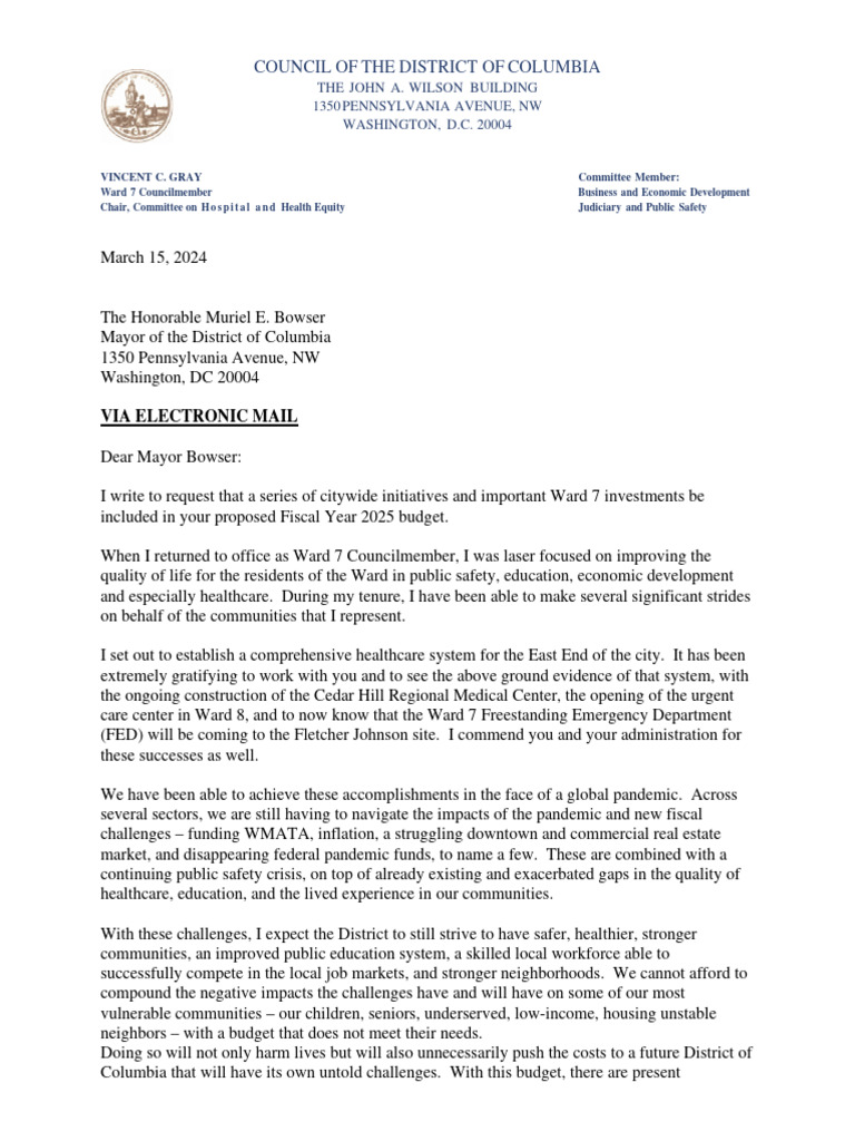 Councilmember Gray FY25 Budget Request Letter To Mayor Bowser | PDF ...