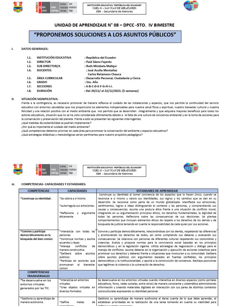 Dpcc-5to-Unidad 8-Bimestre Iv-José Acuña-Carlos Retamozo | PDF | Aprendizaje | Evaluación