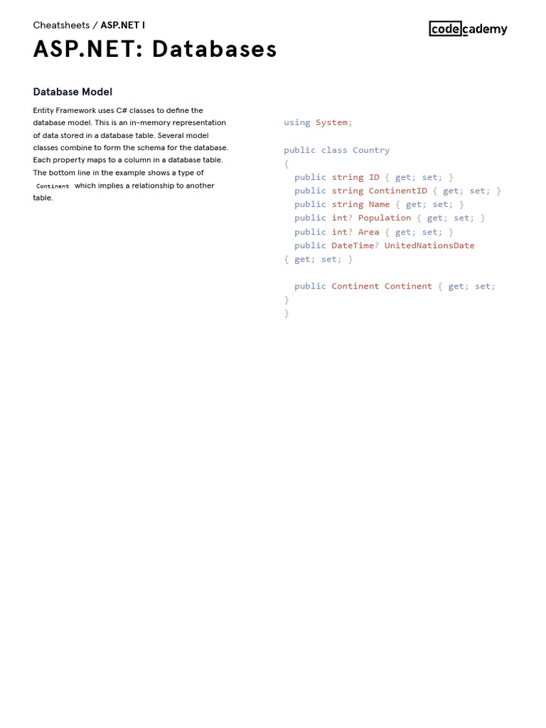 ASPNET - Databases Cheatsheet | PDF | Entity Framework | Databases ASPNET - Databases Cheatsheet | PDF | Entity Framework | Databases