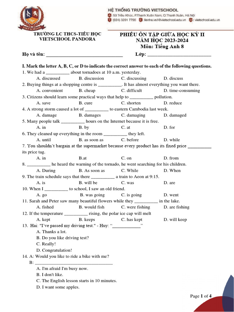 (2023-2024) Khối 8 - Phiếu HD Ôn Tập Môn Tiếng Anh Giữa HKII (Chính Thức) | Download Free PDF ...