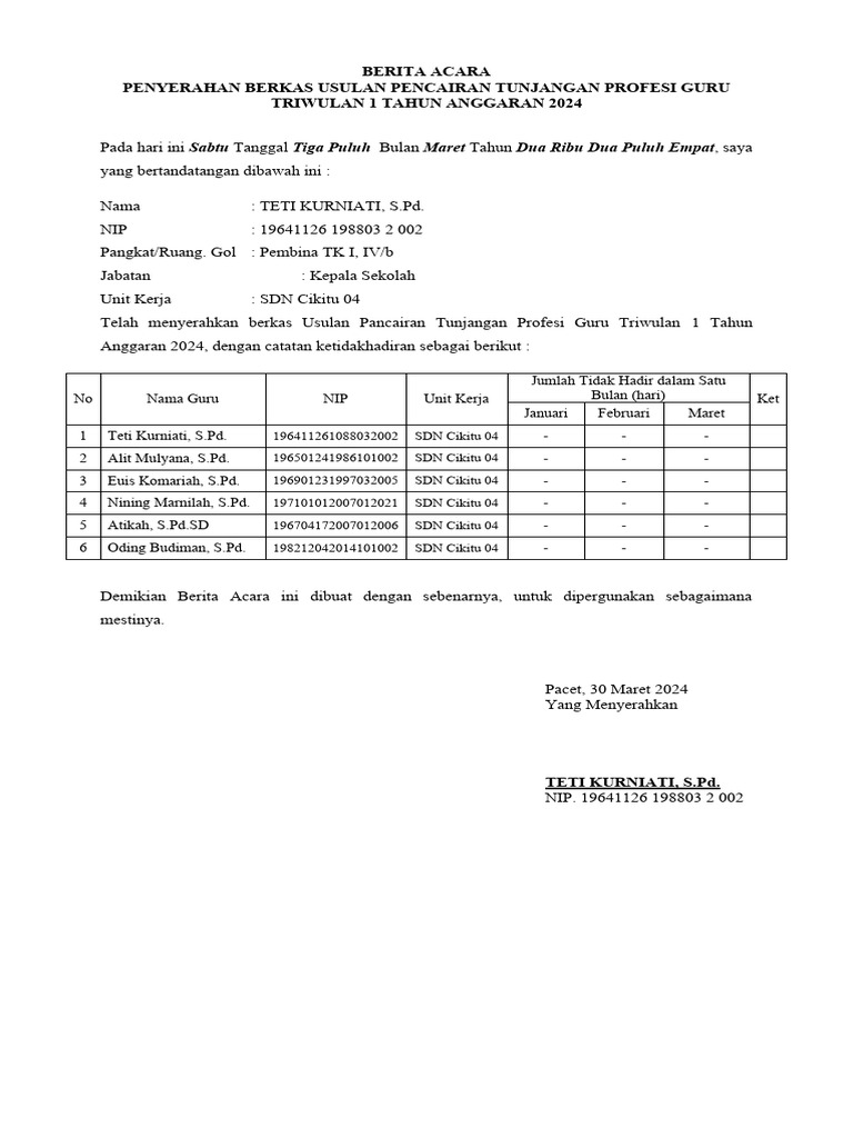Berita Acara Penyerahan Berkas Usulan Pencairan TPG | PDF