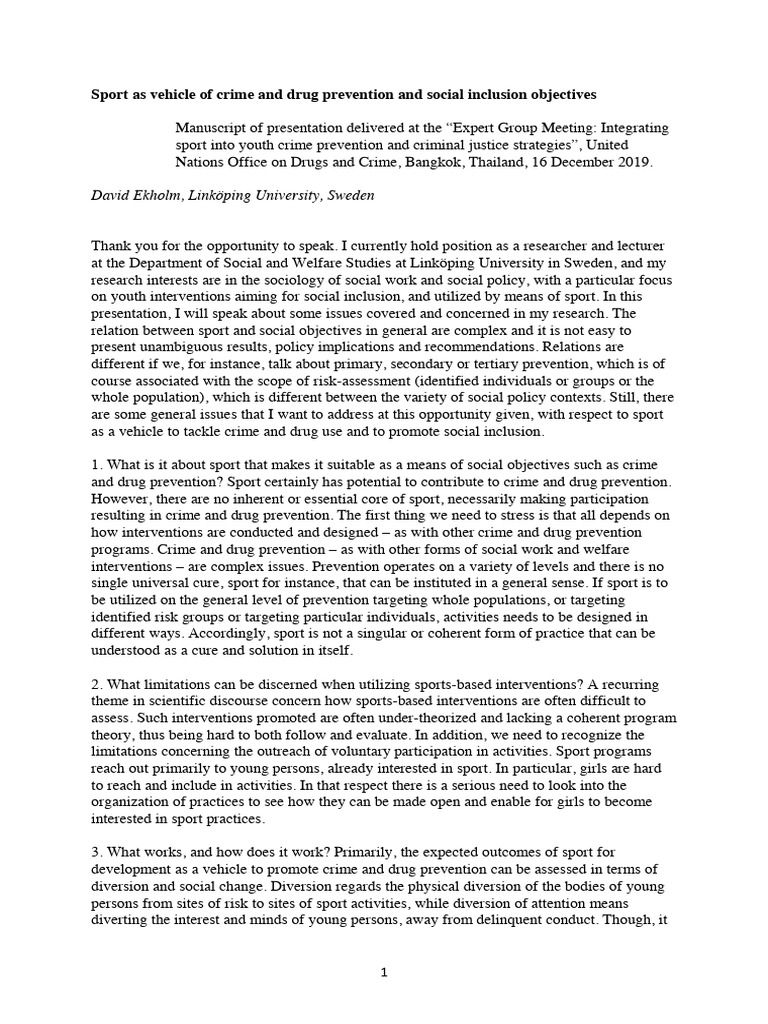 SPORTS AS DRUG DIVERSION PROGRAM | PDF | Social Exclusion | Sports