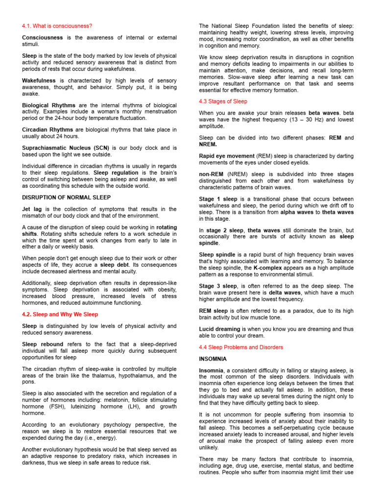 Module 4 Notes (Psych 101) | PDF | Sleep | Circadian Rhythm