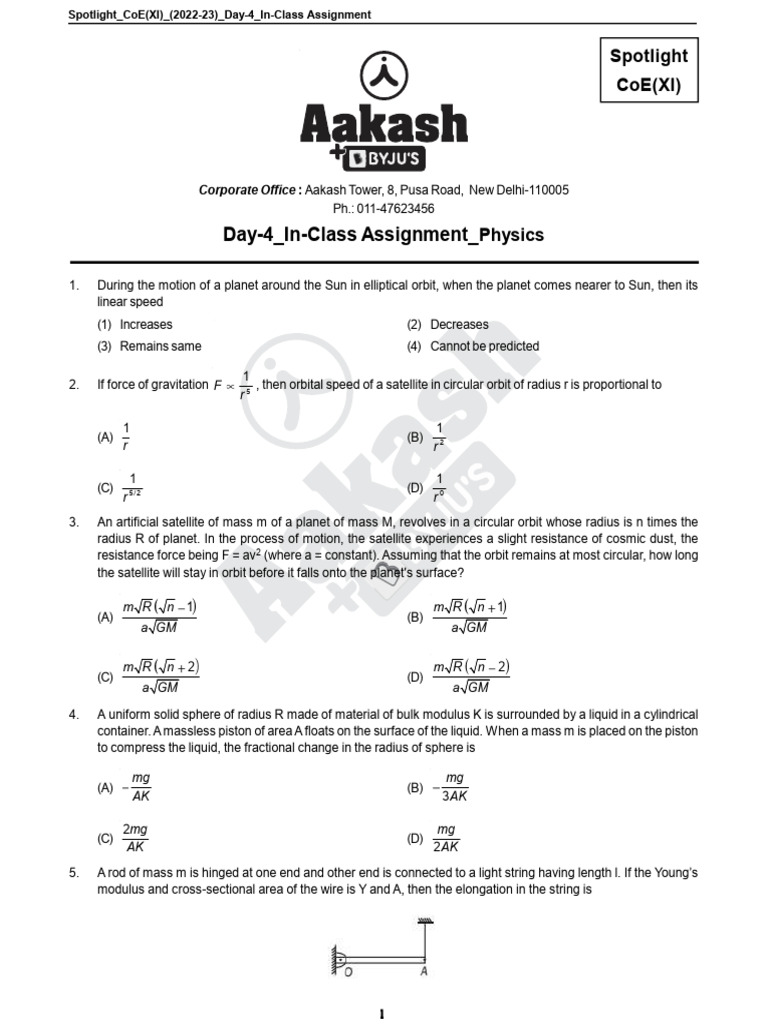 Spotlight - CoE (XI) - (2022-23) - Day-4 - In-Class Assingement - Physics - (Only Que.) | PDF ...