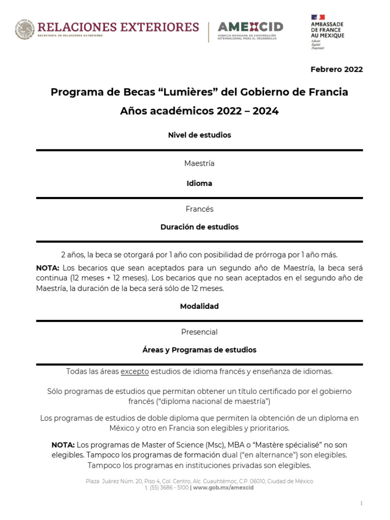Programa de Becas Lumi Res Del Gobierno de Francia A Os Acad Micos 2022 2024 | PDF | Francia ...