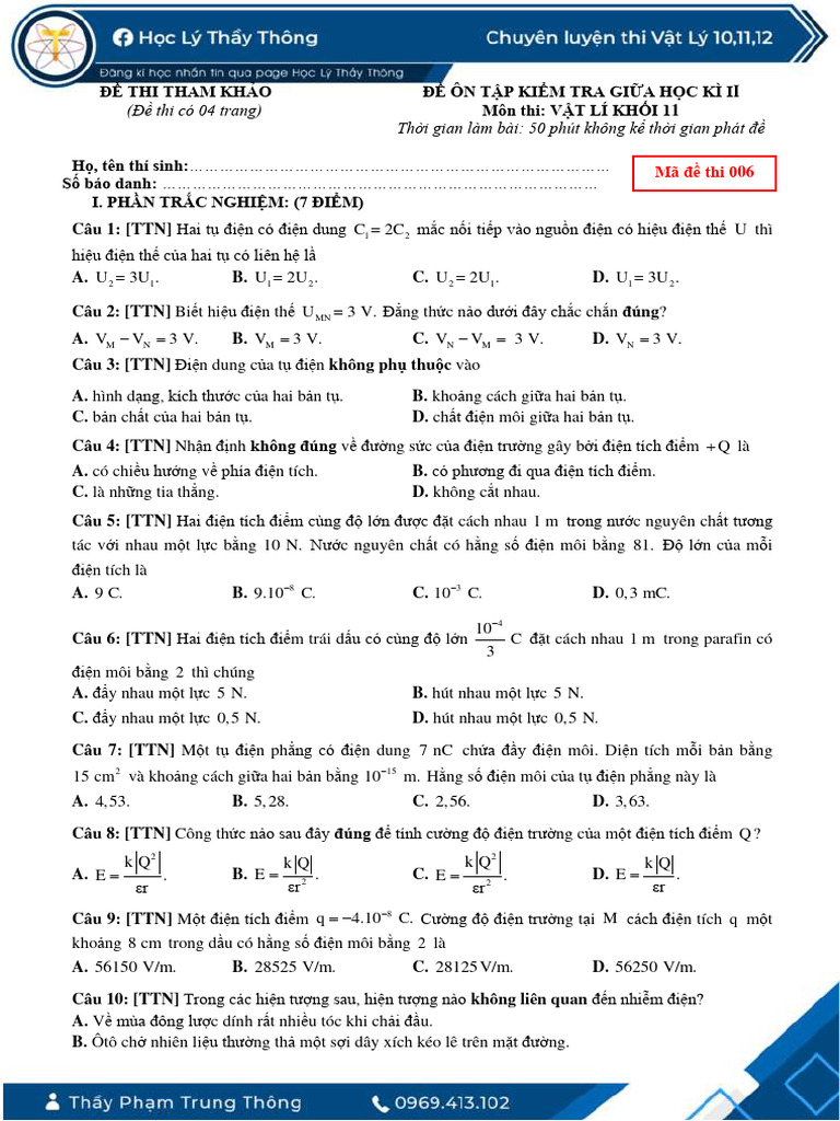 Đề Kiểm Tra Giữa Học Kì II Môn Vật Lí Khối 11 Đề 06 - 28tn 3tl Done | PDF
