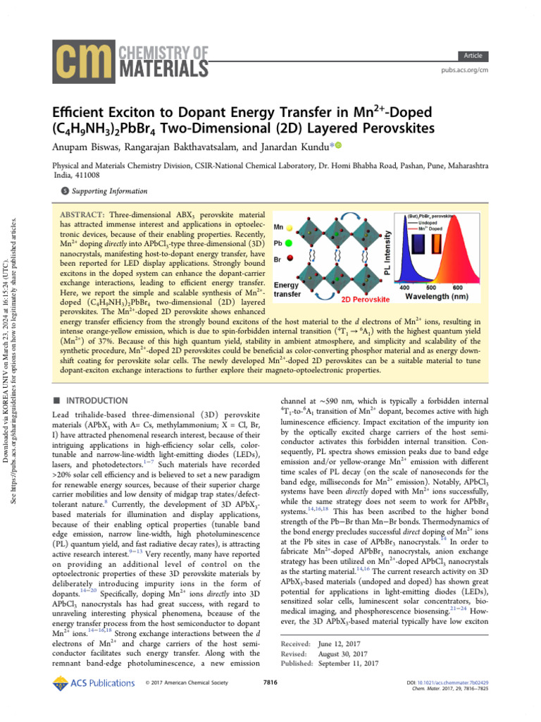 Efficient Exciton To Dopant Energy Transfer in Mn2+-Doped (C4H9NH3 ... Efficient Exciton To Dopant Energy Transfer in Mn2+-Doped (C4H9NH3 ...