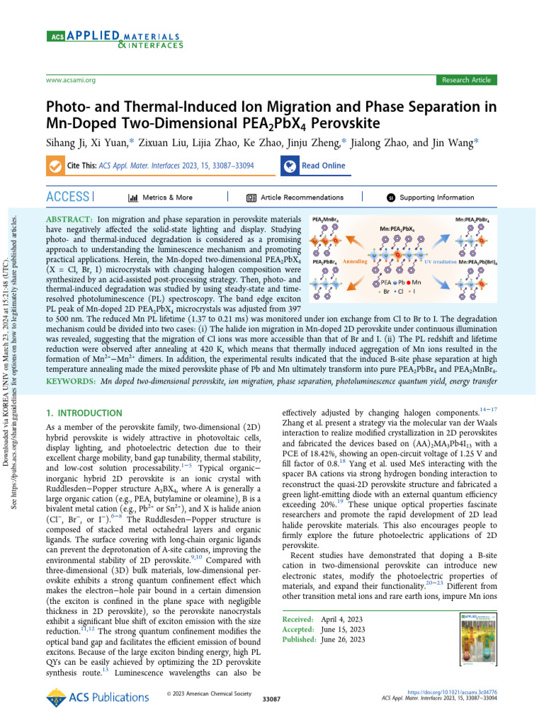 Photo- and Thermal-Induced Ion Migration and Phase Separation in Mn-Doped Two-Dimensional ...
