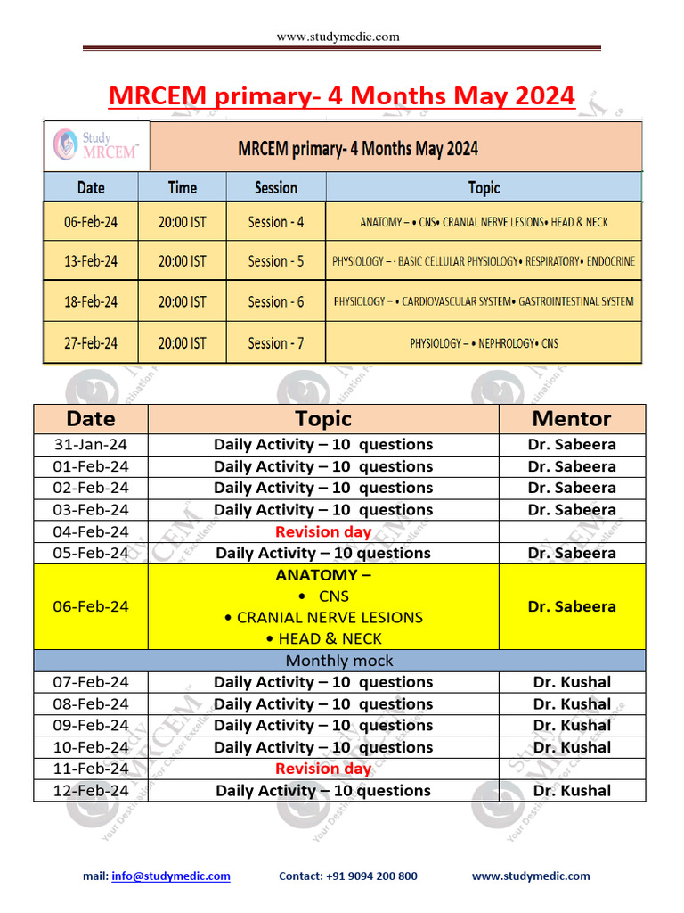 MRCEM Primary Study Schedule | PDF | Physiology | Biology