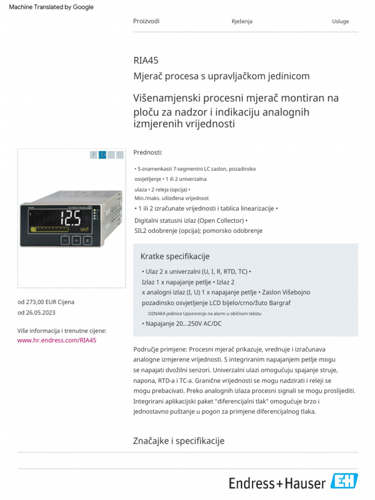 Endress-Hauser Panel Meter With Control Unit RIA45 HR | PDF