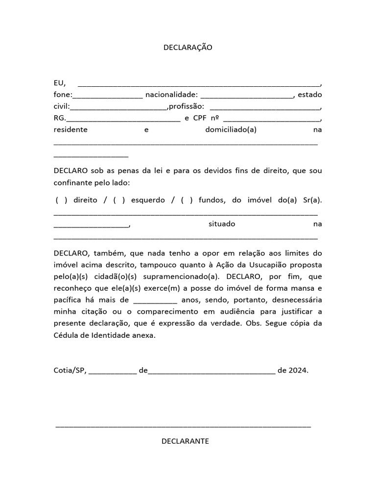 Certidao - Declaração de Confrontante | PDF Certidao - Declaração de Confrontante | PDF