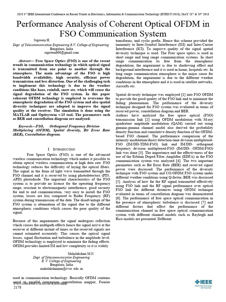 Performance Analysis of Coherent Optical OFDM in FSO Communication System | PDF | Orthogonal ...