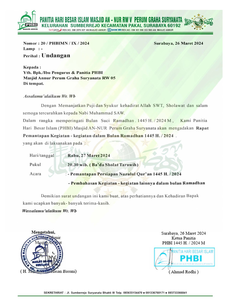UNDANGAN RAPAT PHBI MASJID 2024 | PDF