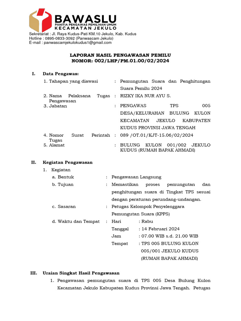 Laporan Pengawasan Pemilu TPS 005 Jekulo | PDF
