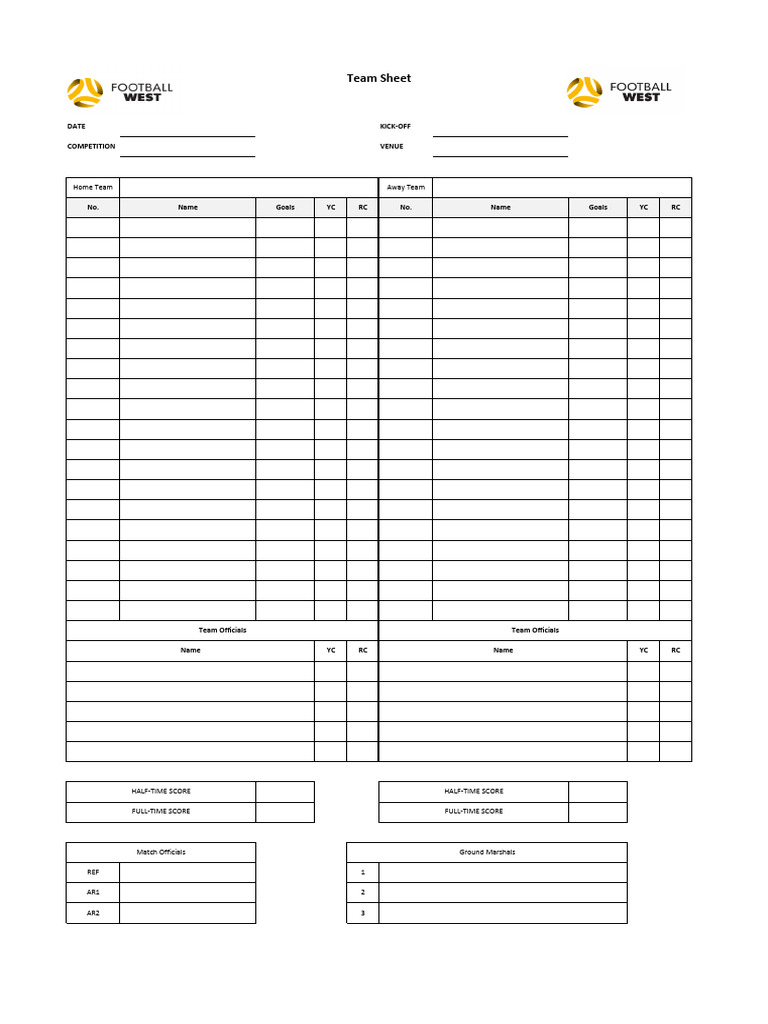 Football Match Team Sheet Template | PDF