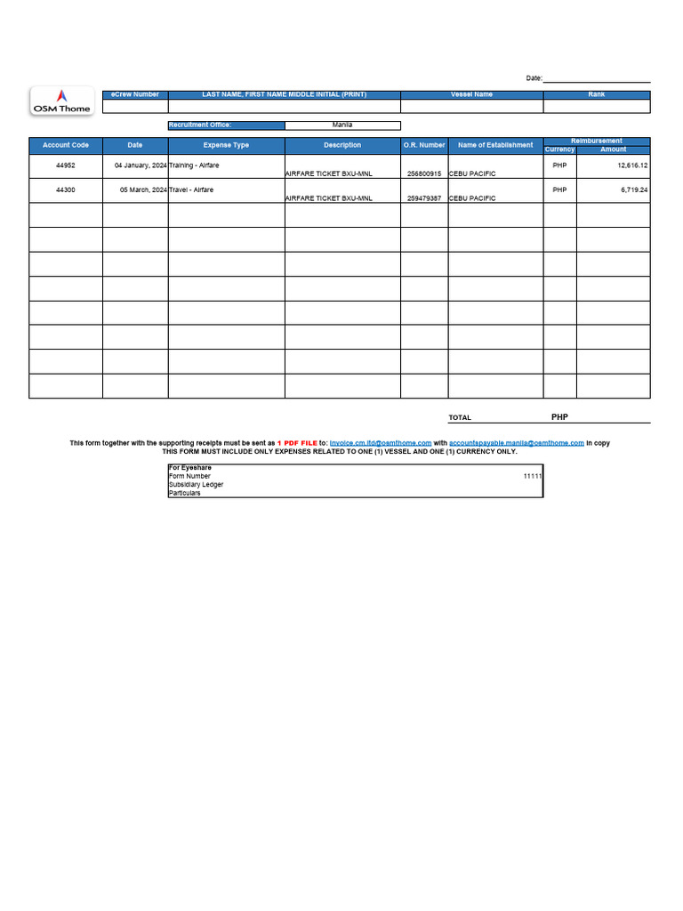 Seafarer Travel Expense Reimbursement Form | PDF