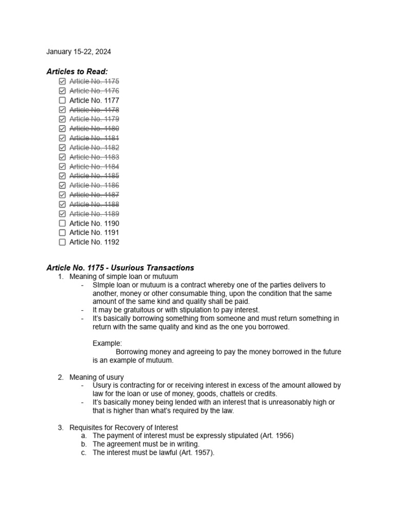 Civil Code of The Philippines Article Nos. 1176-1191 | PDF | Interest ...