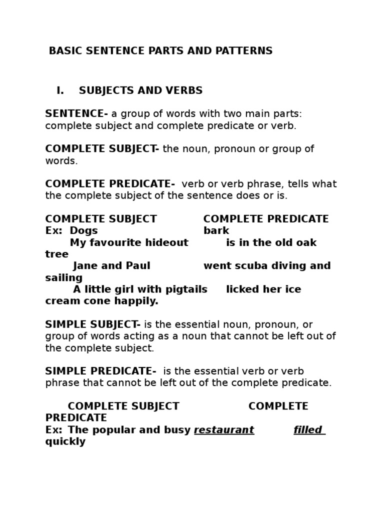 Basic Sentence Parts and Patterns | PDF | Subject (Grammar) | Sentence ...
