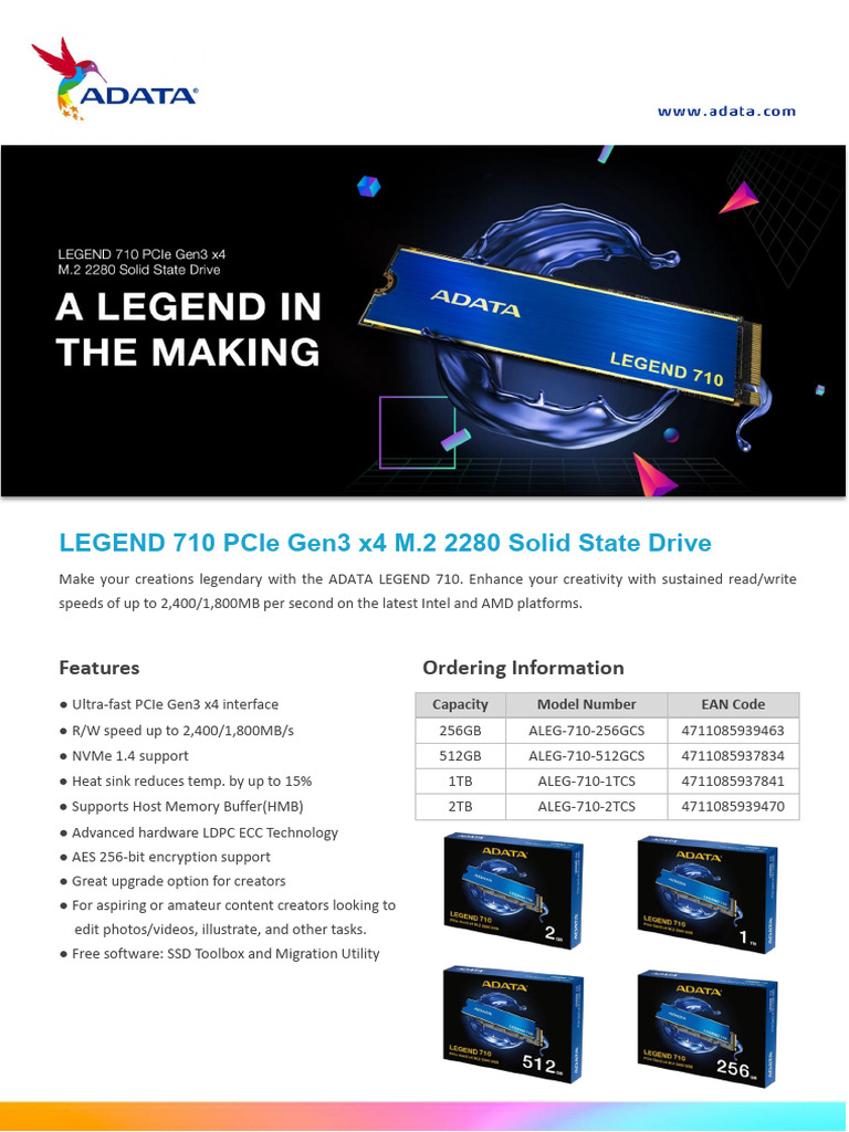 ADATA LEGEND 710 PCIe Gen3 SSD Specs | PDF | Solid State Drive | Flash Memory