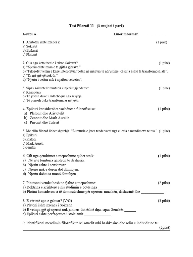 Test Tremujori I Pare Filozofi 2 | PDF