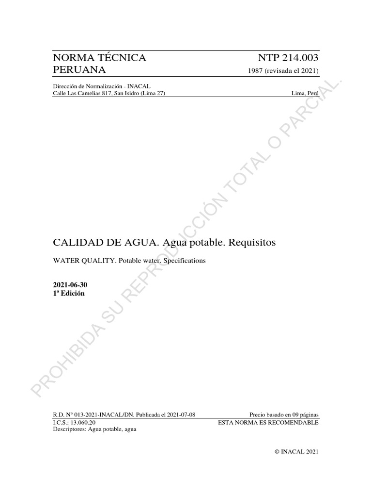 NTP 214.003 (Revisada El 2021) CALIDAD AGUA POTABLE | PDF | Agua | Agua ... NTP 214.003 (Revisada El 2021) CALIDAD AGUA POTABLE | PDF | Agua | Agua ...