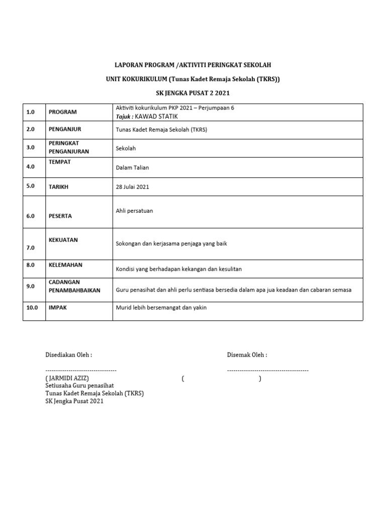 LAPORAN PROGRAM TKRS 28 Julai 2021 | PDF