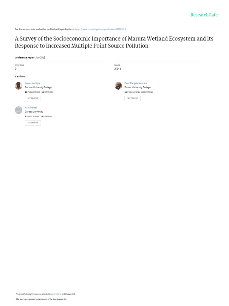 A Survey of The Socioeconomic Importance of Marura Wetland Ecosystem and Its Response To ...