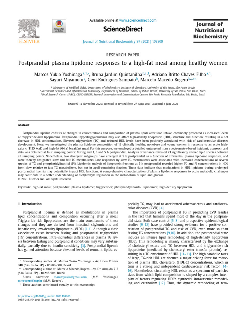Postprandial Plasma Lipidome Responses To A High-Fat Meal Among Healthy ...