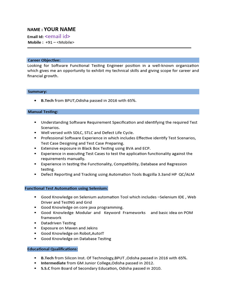 Resume Format | PDF | Selenium (Software) | Software Testing