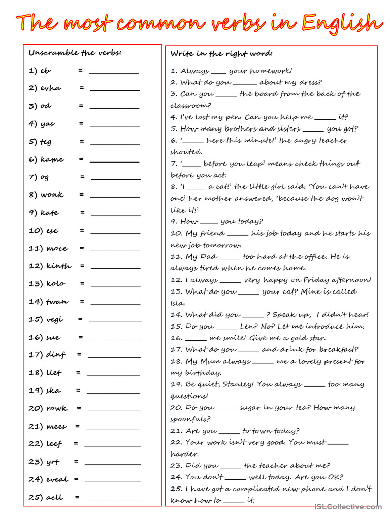 Common Verbs Exercise Worksheet | PDF