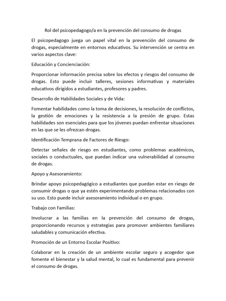 Rol Del Psicopedagogo en La Prevención Del Consumo de Drogas | PDF | La ...
