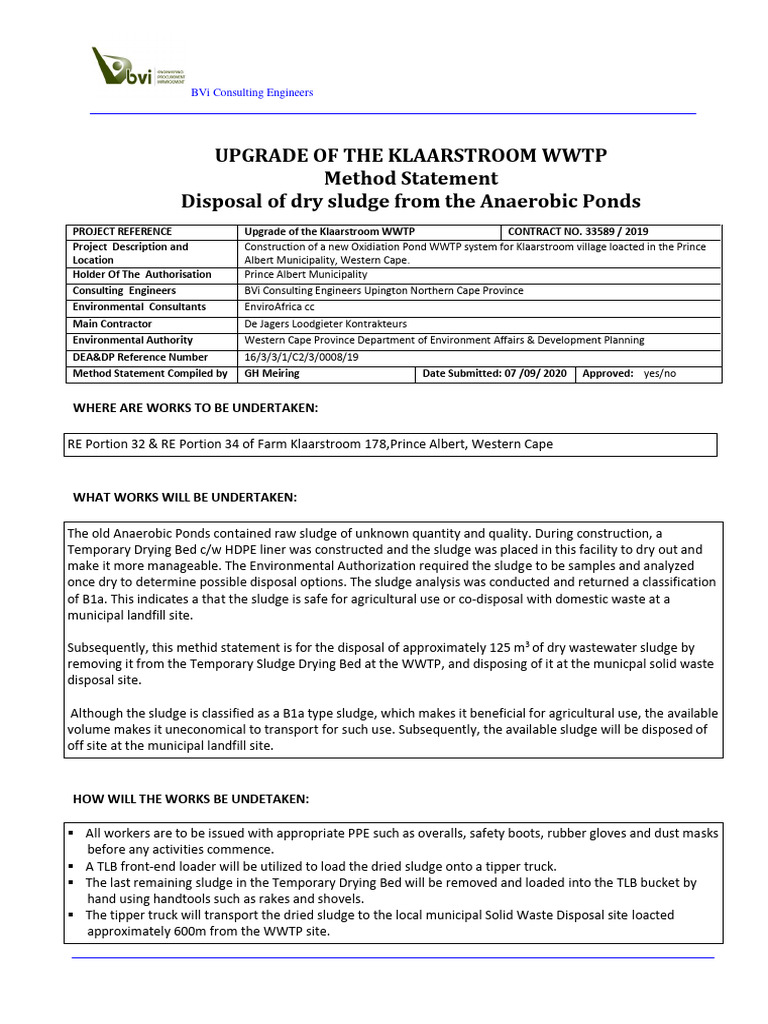 Klaarstroom WWTP Sludge Disposal Method | PDF | Sewage Treatment ...