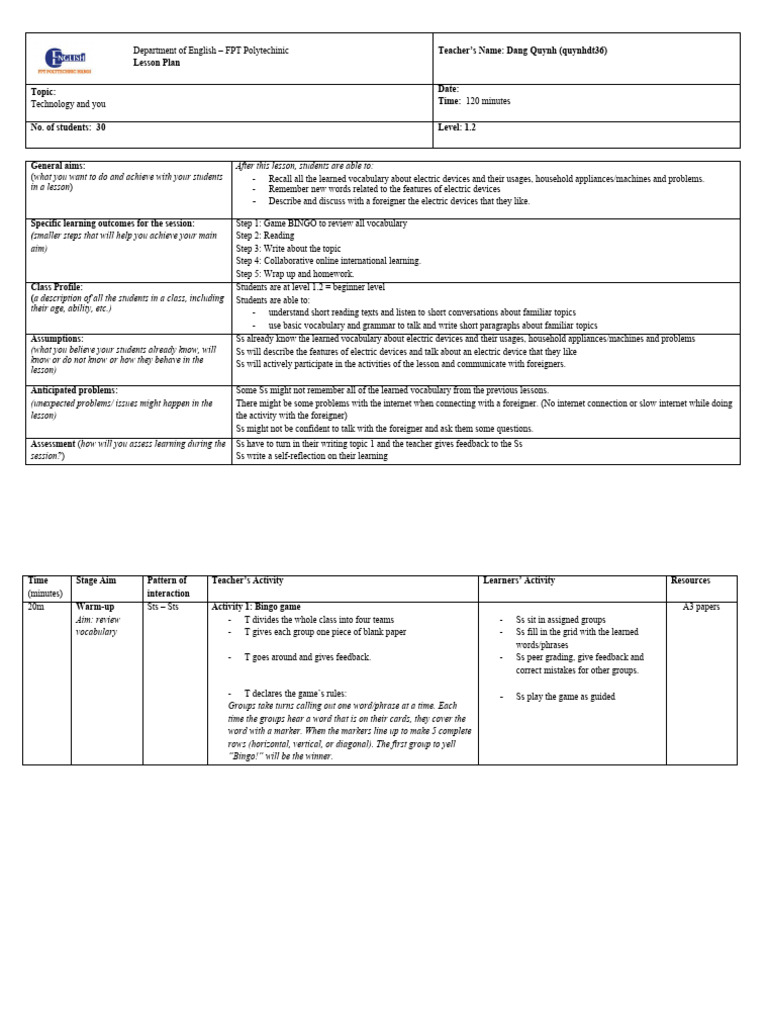 Quynhdt36-Lesson plan-Unit 5 technology and you lesson 4 preview | PDF | Vocabulary | Learning