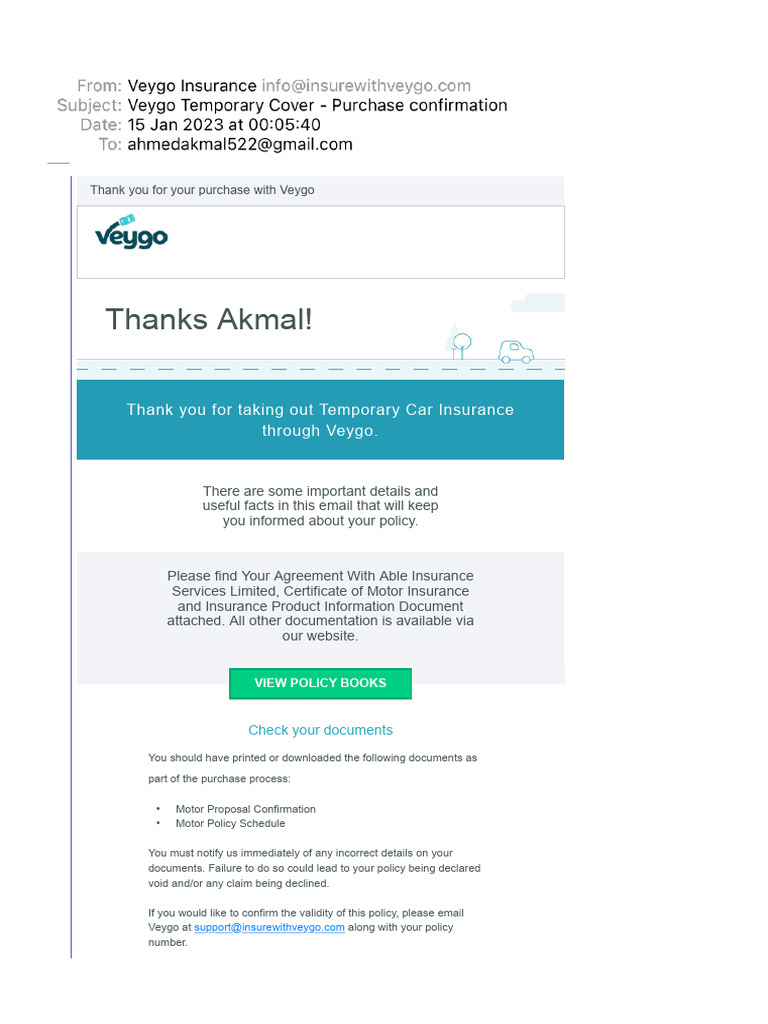 Veygo Temporary Car Insurance Confirmation | PDF | Insurance | Vehicle ...