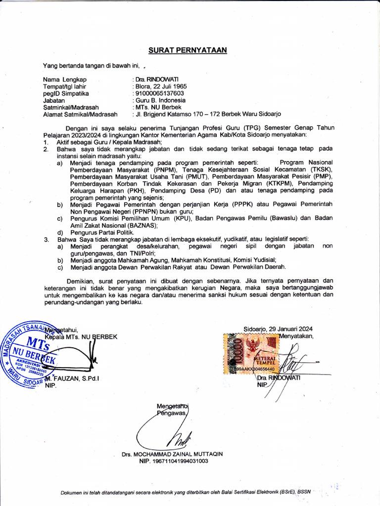 Surat Pernytaaan B Rindowati | PDF