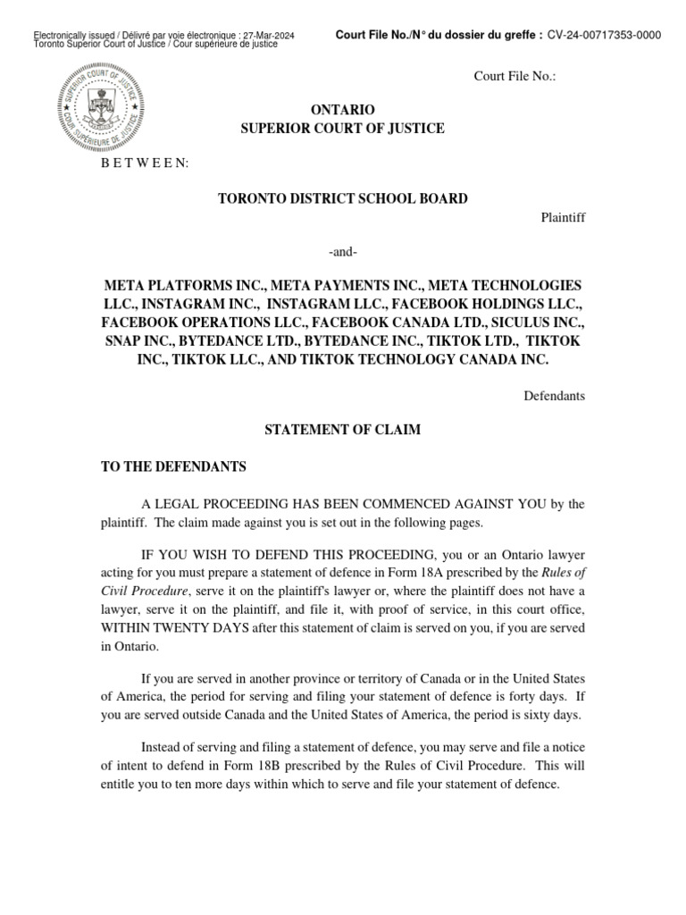 TDSB vs. Meta Platforms: Statement of Claim | PDF | Snapchat | Tort