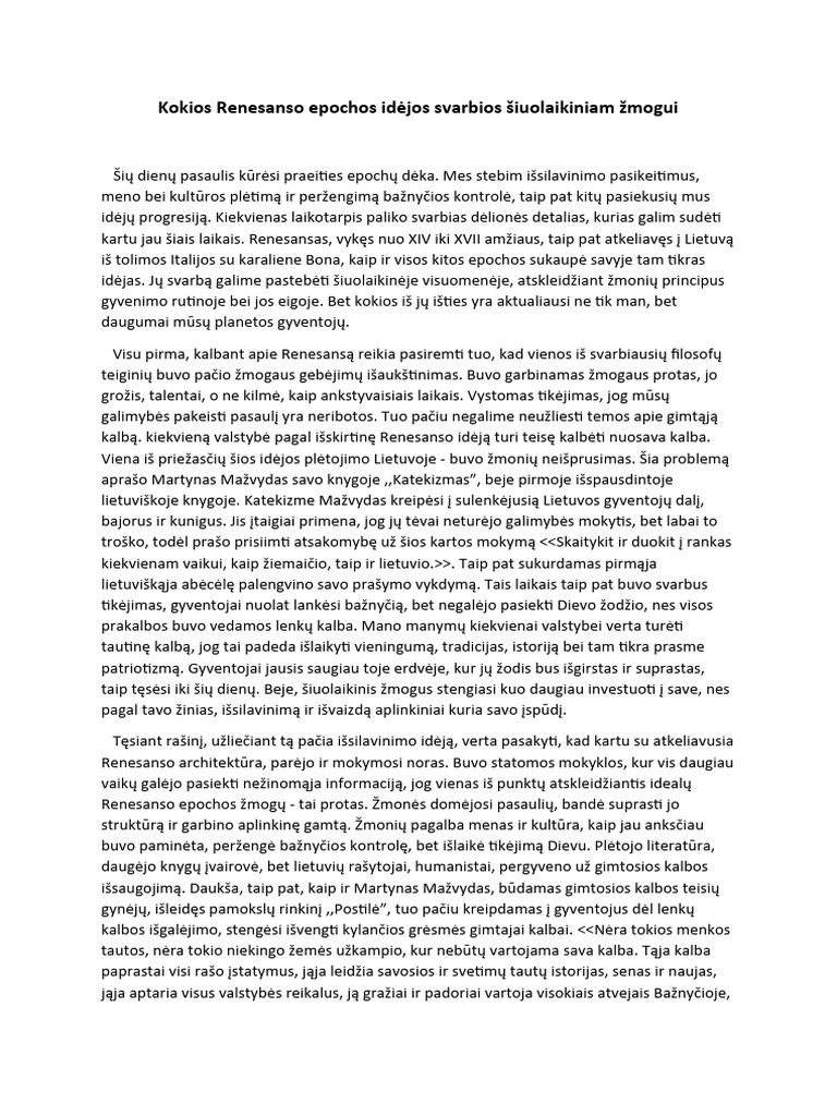 Kokios Renesanso Epochos Idėjos Svarbios Šiuolaikiniam Žmogui | PDF